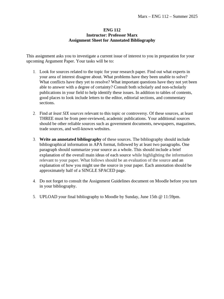 Annotated Bibliography Assignment Sheet - Sum 25 | PDF