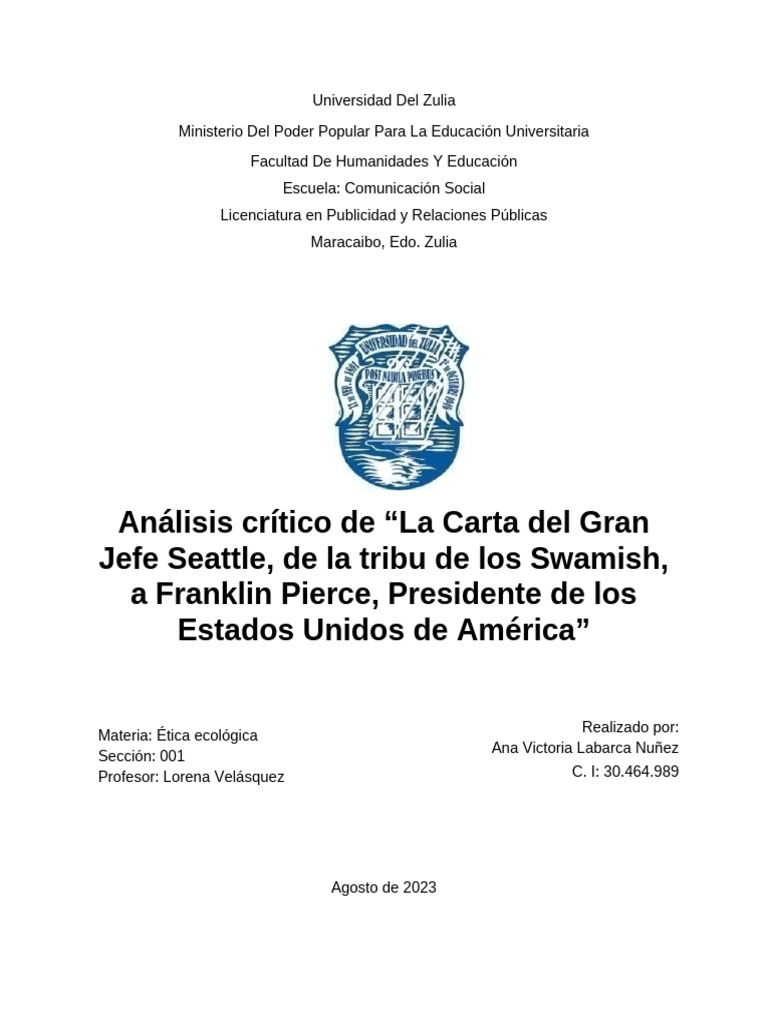 La Carta Del Gran Jefe Seattle - Ana Labarca - Publicidad y RP | PDF ...