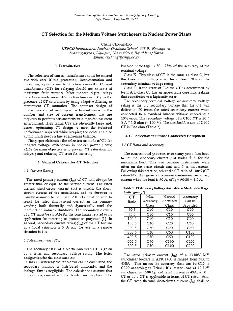 CT Selection For The Medium Voltage Switchgears in Nuclear Power Plants ...
