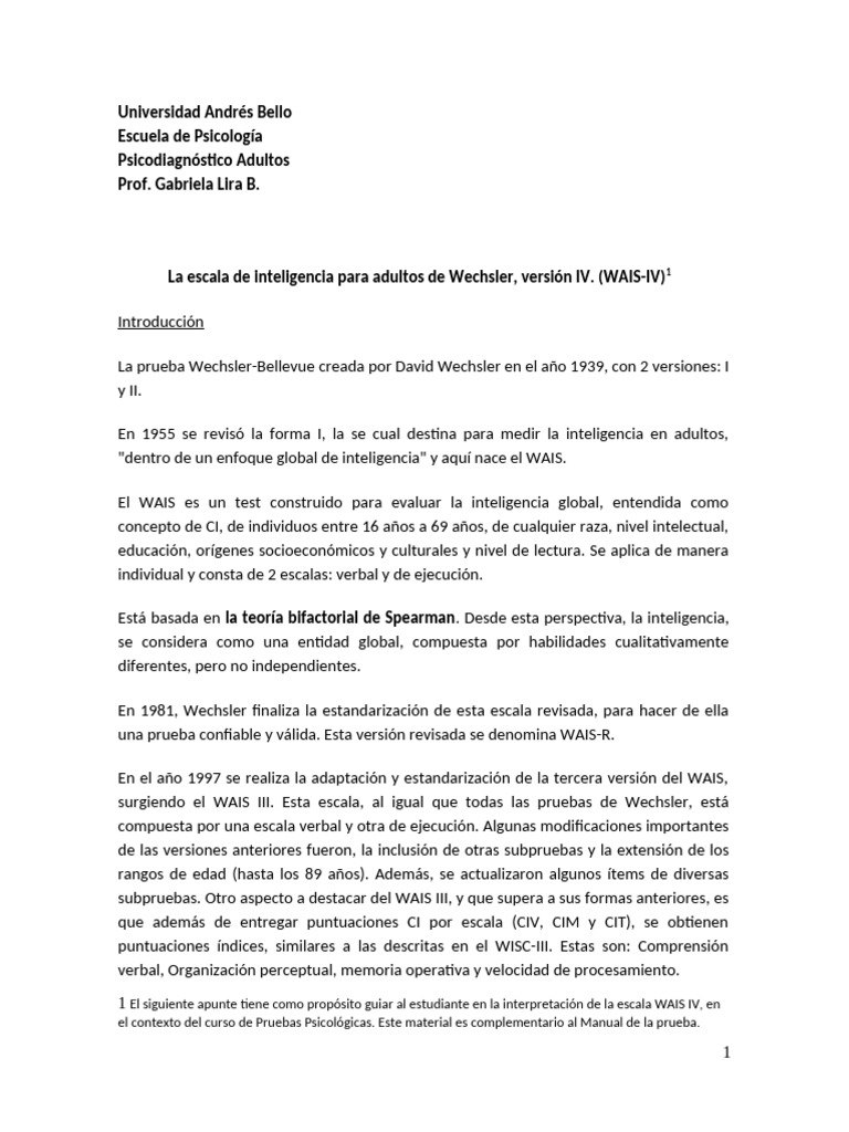 Apunte Wais IV | PDF | Escala de inteligencia para adultos de Wechsler | Neurociencia
