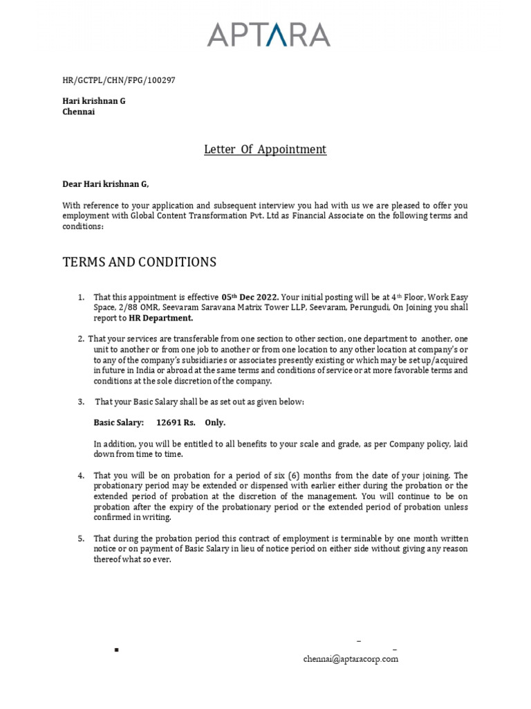 Terms and Conditions: Letter of Appointment | PDF | Employment | Trade ...