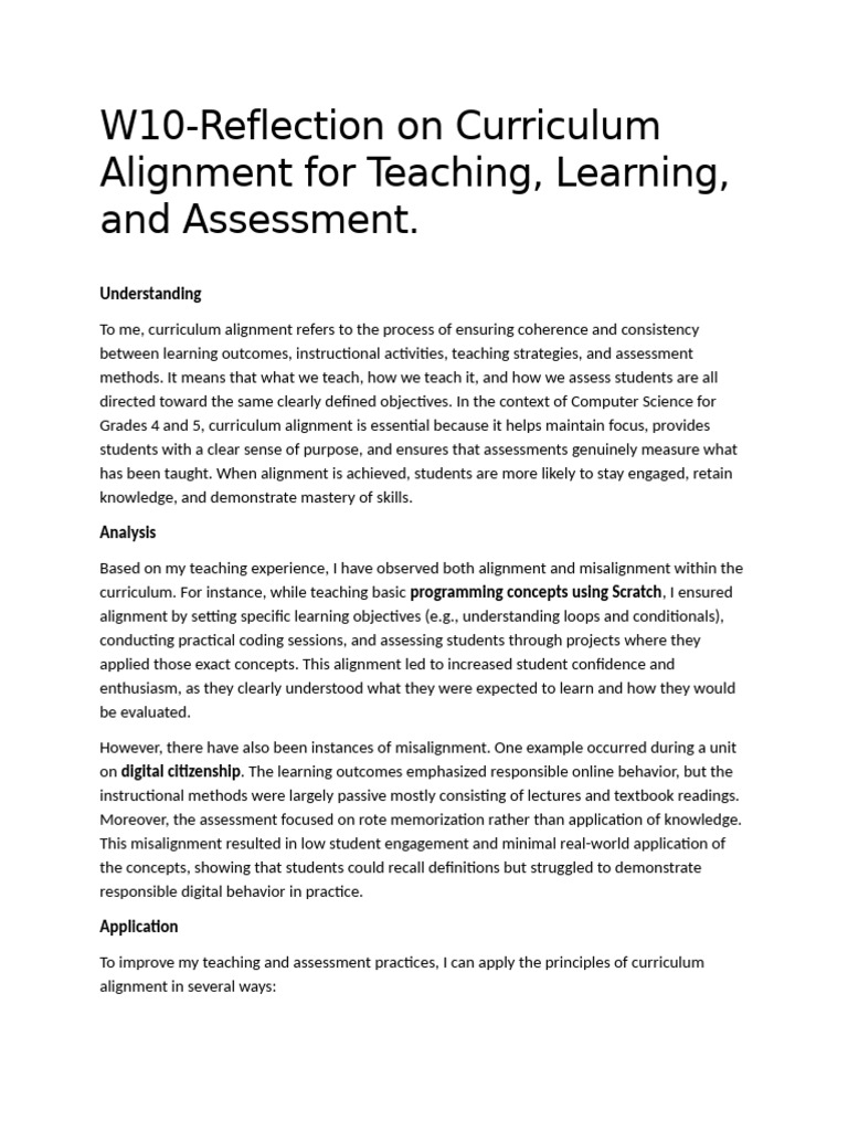 W10-Reflection On Curriculum Alignment For Teaching, Learning, and Assessment. | PDF ...