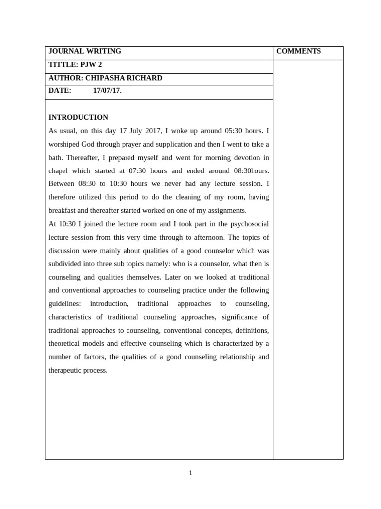 2017 Semester 2 Chipasha Journal | PDF | Behavioural Sciences | Psychology