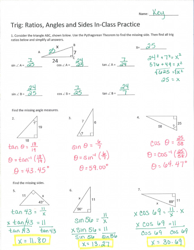 Trig Ratios Angles Sides in Class Practice Key | PDF