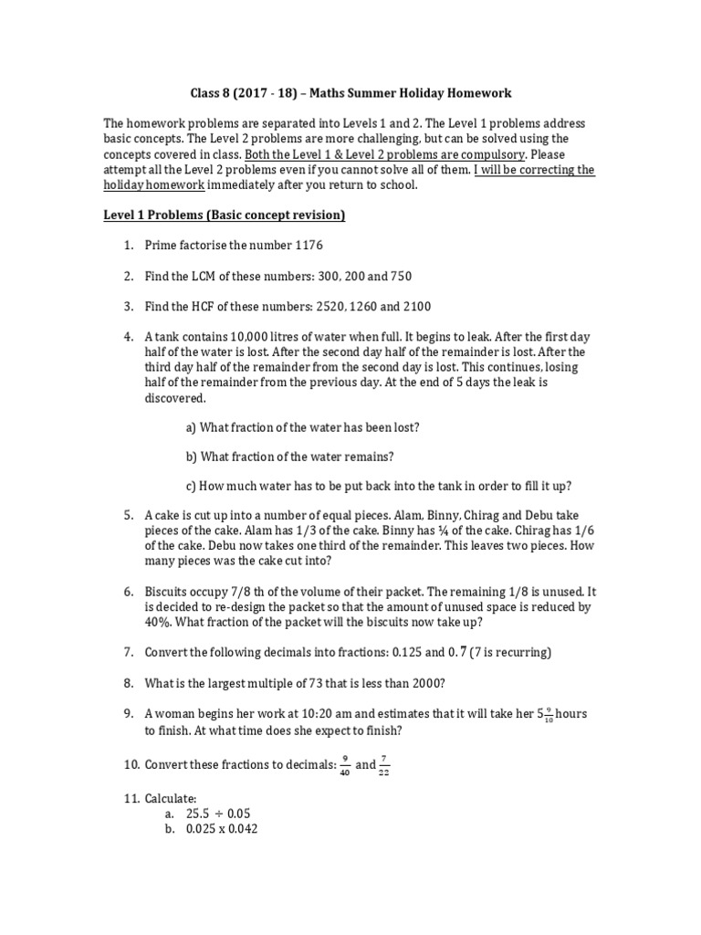 Class 8 Summer Holiday Homework v2 | PDF | Interest | Percentage