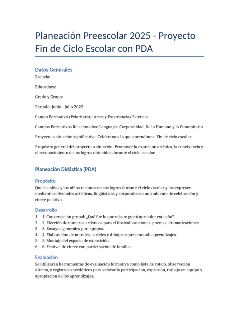 Planeacion Preescolar Fin de Ciclo 2025 PDA | PDF | Educación de la ...