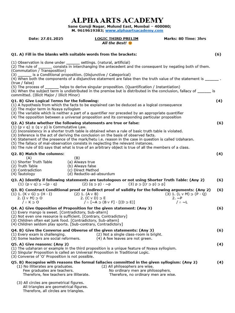 Logic Third Prelims HSC 2025 Exam | PDF | Logic | Epistemology