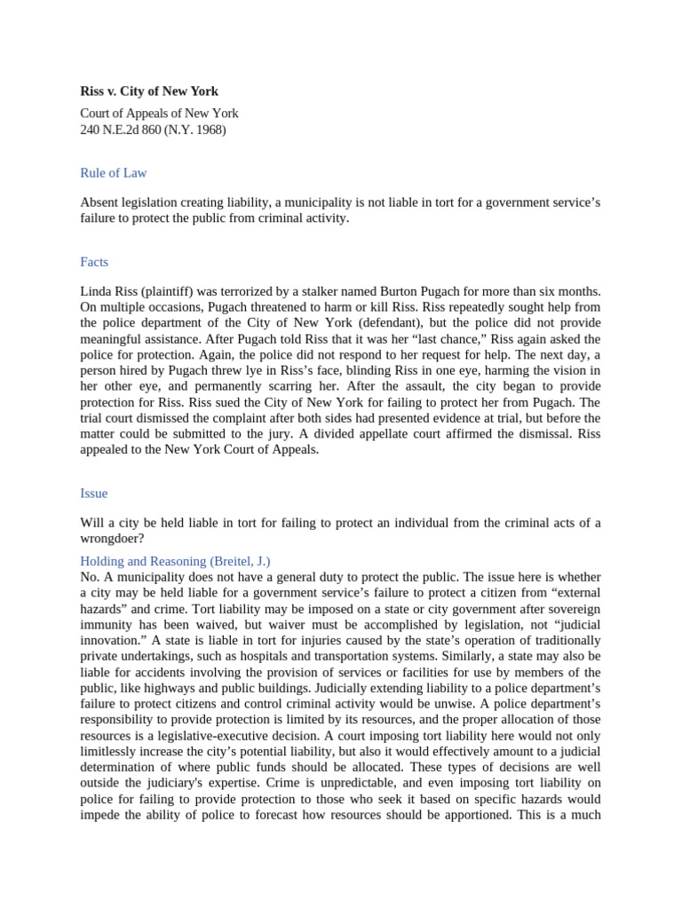 Riss v. City of New York: Liability Limits | PDF | Tort | Legal Liability