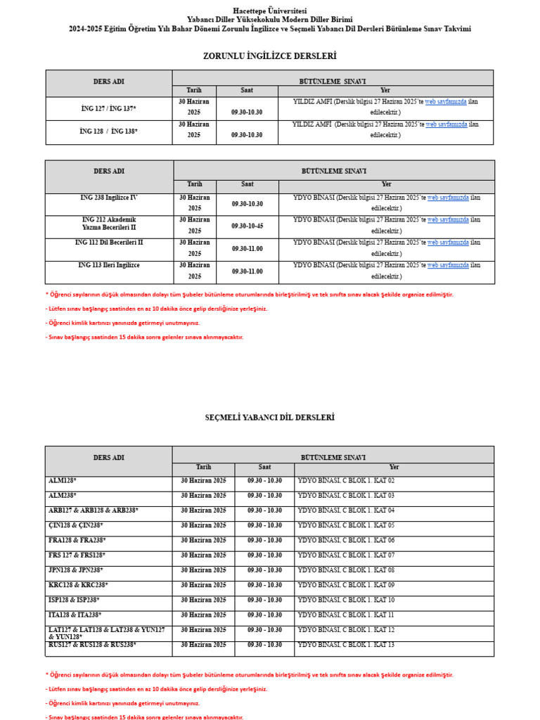 Yabancı Diller Yüksekokulu-Bütünleme Sınav Tarihi - Ek - 2024-2025 Bahar Bu Tu Nleme Sınav ...