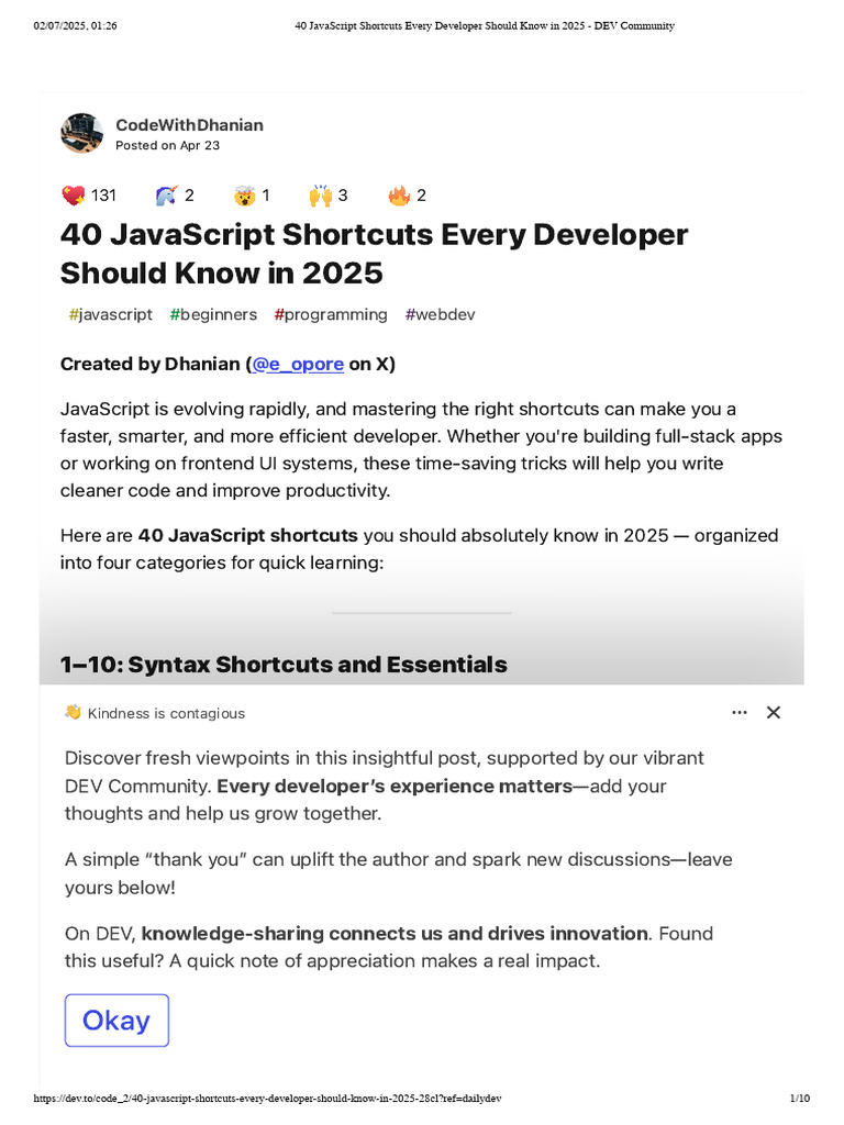 40 JavaScript Shortcuts Every Developer Should Know in 2025 - DeV Community | PDF | Java Script ...