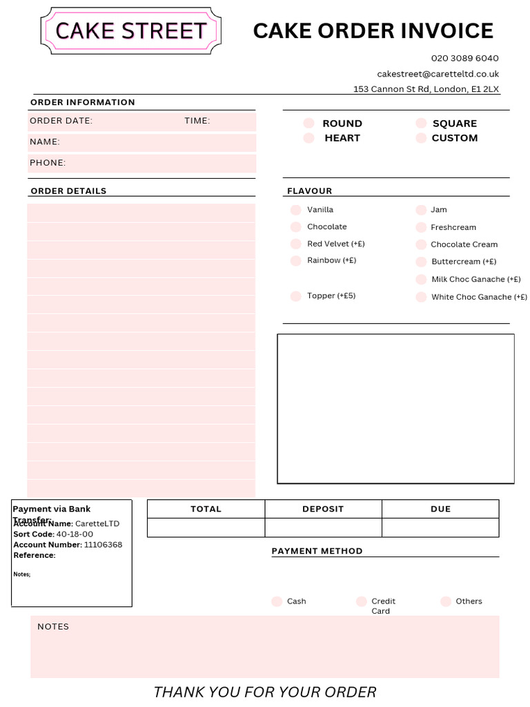 Custom Cake Order Invoice Details | PDF