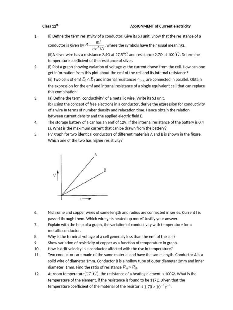 Current Electricity Assignment Pdf Electrical Resistivity And 1629