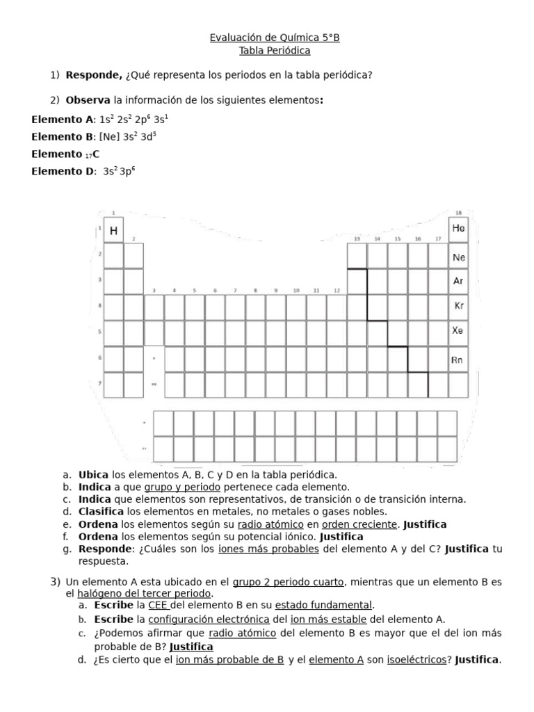 Evaluación De Tabla Periodica 5b Pdf Tabla Periódica Ion 2458
