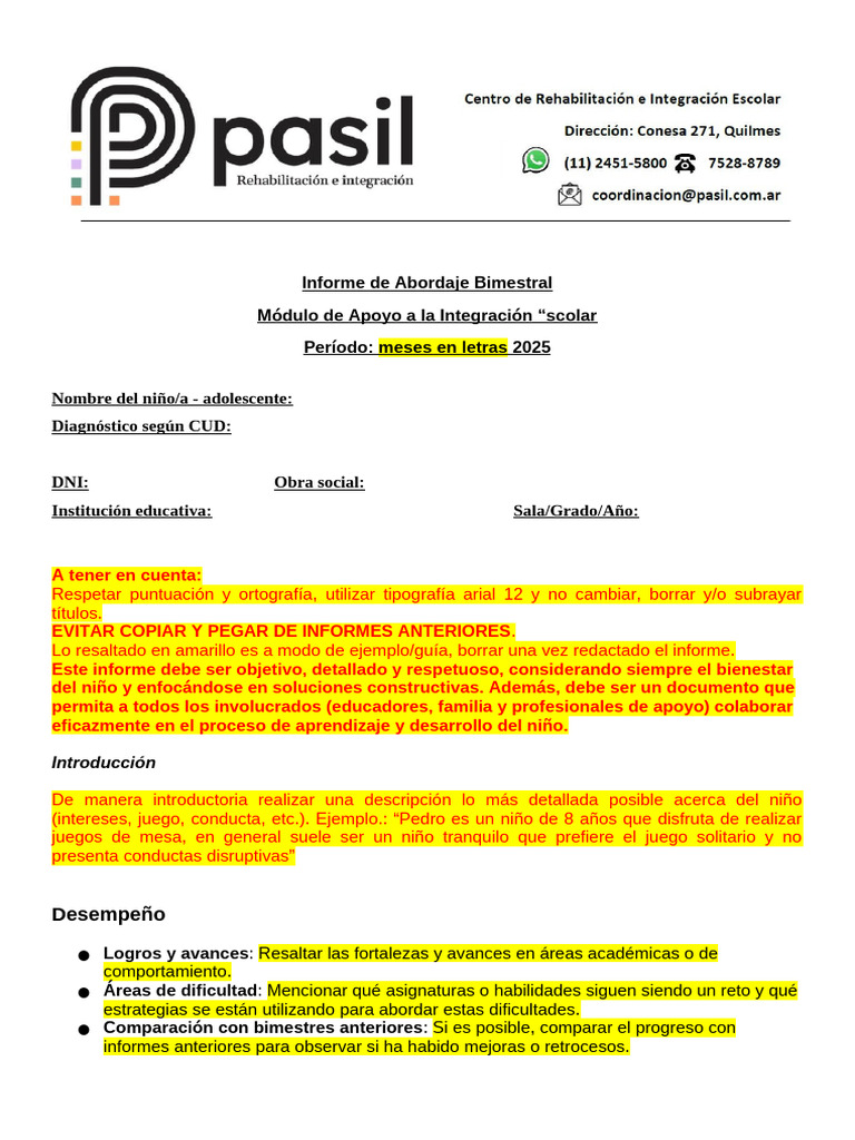 Modelo de Informe Bimestral 2025 | PDF | Comportamiento | Las emociones