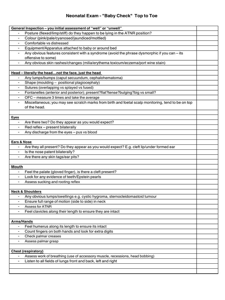 Neonate Exam Checklist | PDF