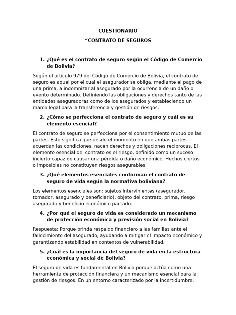 CUESTIONARIO Contrato de Seguros | PDF | Seguro | Póliza de seguros