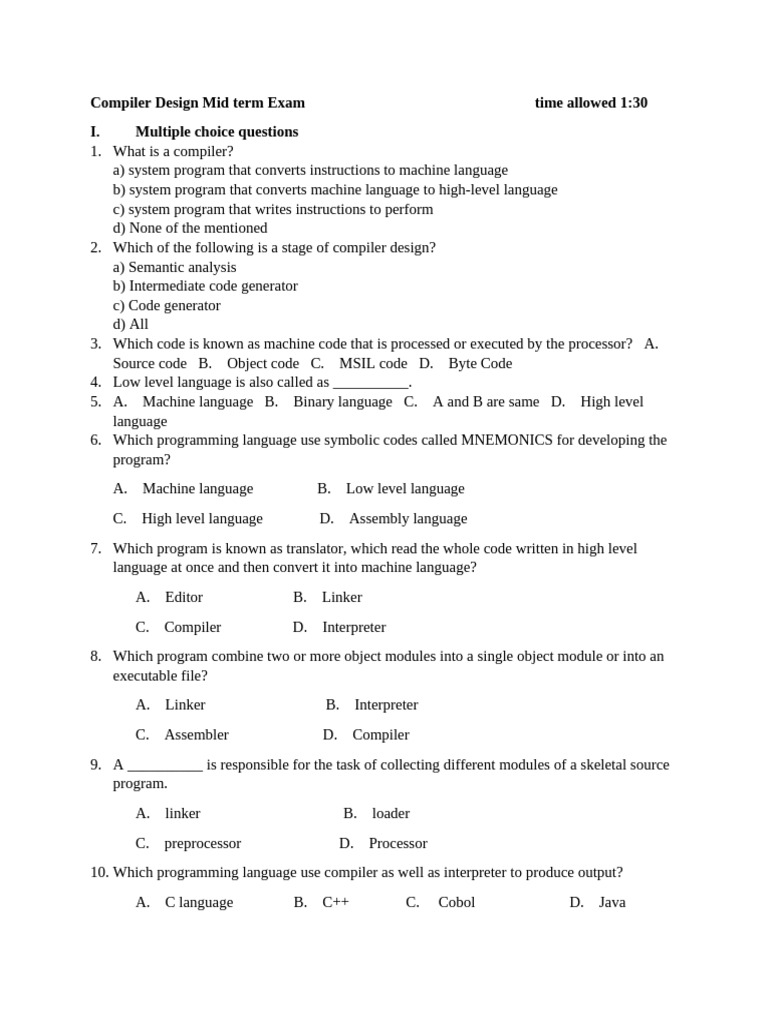 Compiler Design Mid Term Exam | PDF | Parsing | Compiler