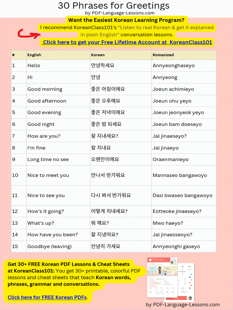 Korean Greetings and Phrases Guide | PDF | Korean Language | Language ...