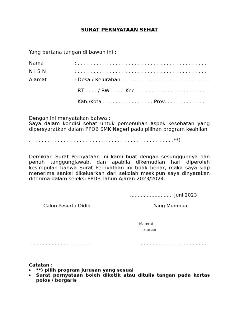 Surat Pernyataan Sehat PPDB 2023 | PDF