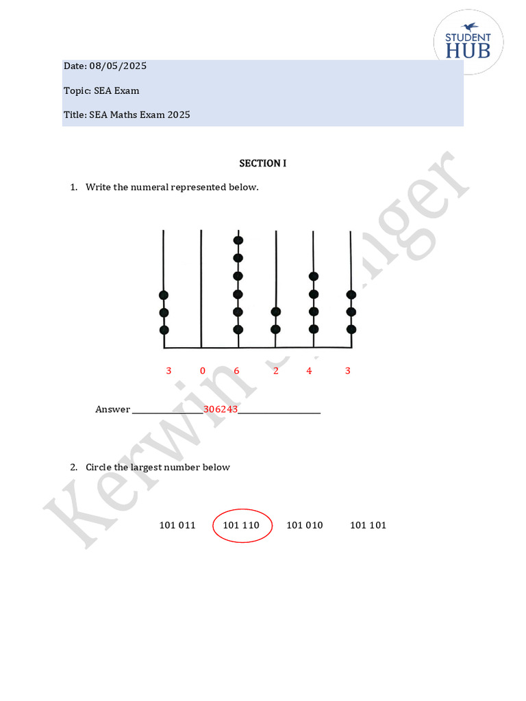 SEA Maths Exam 2025 Questions | PDF | Area | Volume