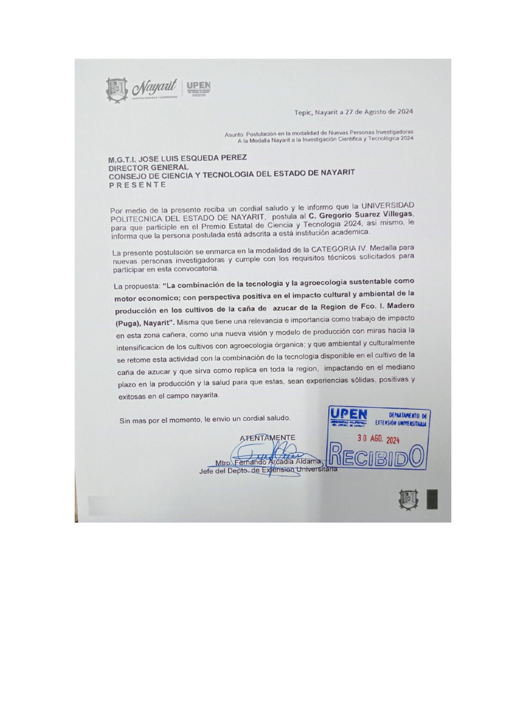 Carta de Postulacion Institucional Gregorio Suarez Villegas | PDF