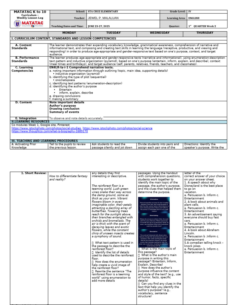English Curriculum Weekly Log | PDF | Common Cold | Learning