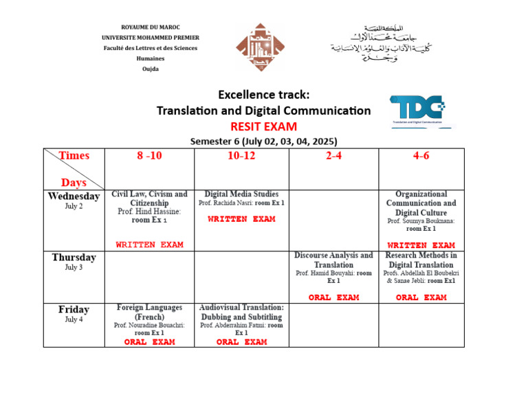 Excellence Track S 6 Resit Exam Schedule | PDF