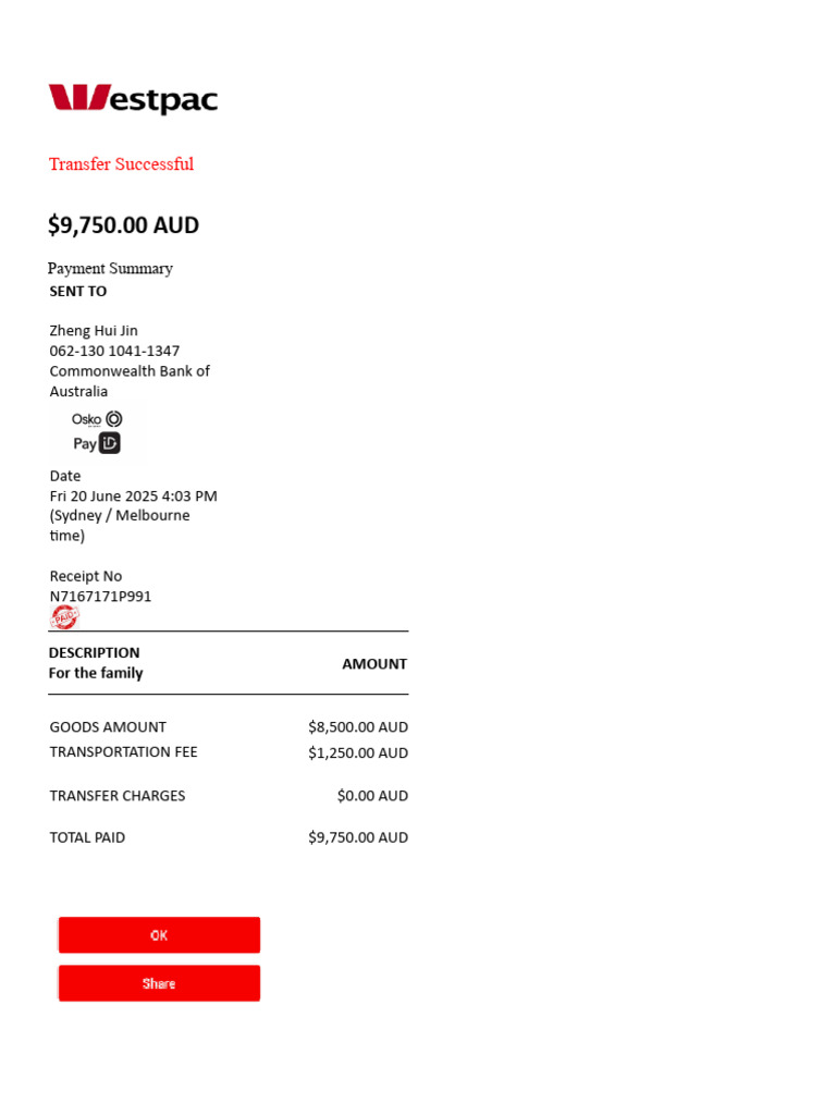 CommBank Transfer Receipt - $9,750 | PDF
