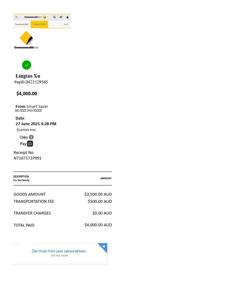 Commonwealth Bank Transfer Receipt | PDF