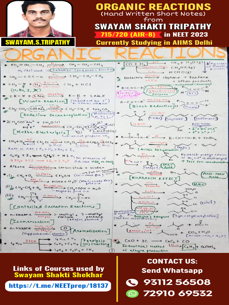 Organic Reactions Study Notes | PDF | Standardized Tests