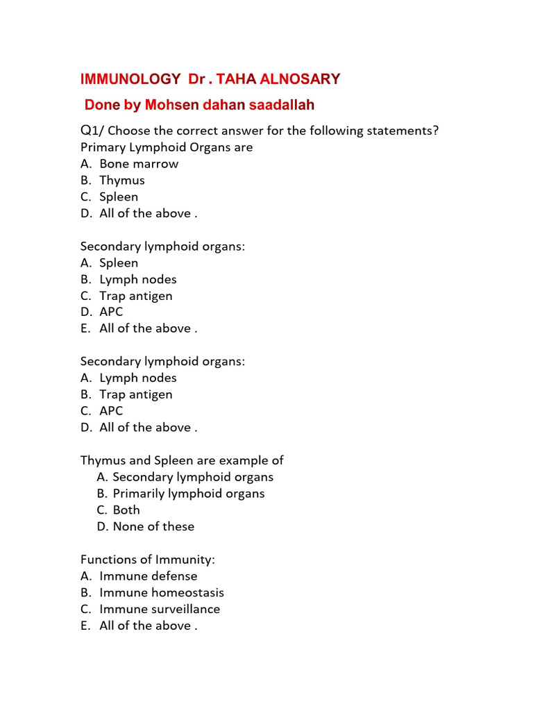Immunology Mcq د طه النصاري - بدون حل | PDF | Complement System | Immune System