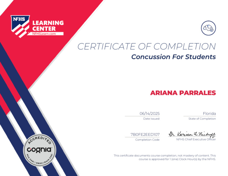 Florida Concussion Course Completion Certificate | PDF