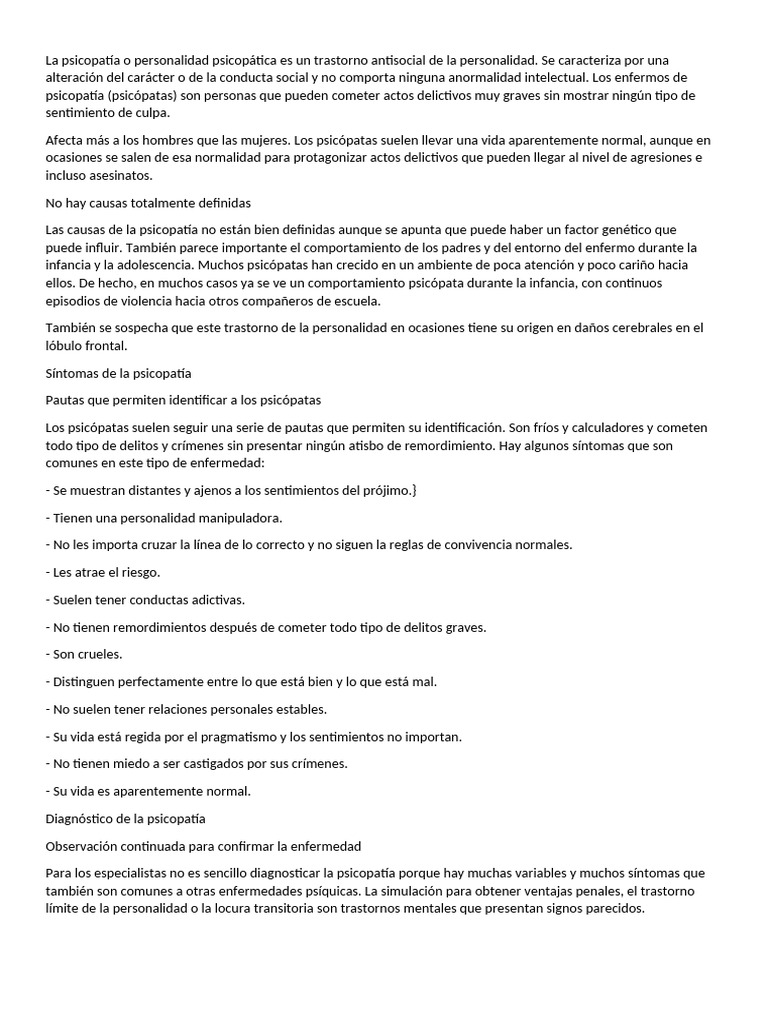 La Psicopatía o Personalidad Psicopática Es Un Trastorno Antisocial de ...