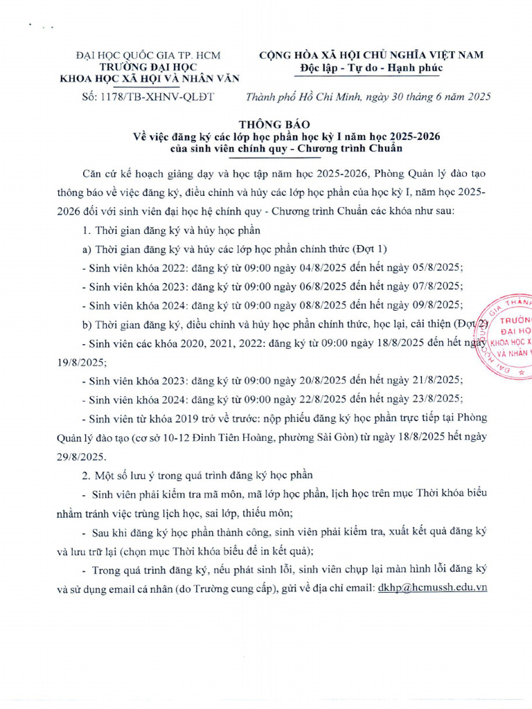 1178 - TB VV Dang Ky Cac Lop Hoc Phan Hoc Ky I Nam Hoc 2025-2026 - Chuong Trinh Chuan - 0001 | PDF