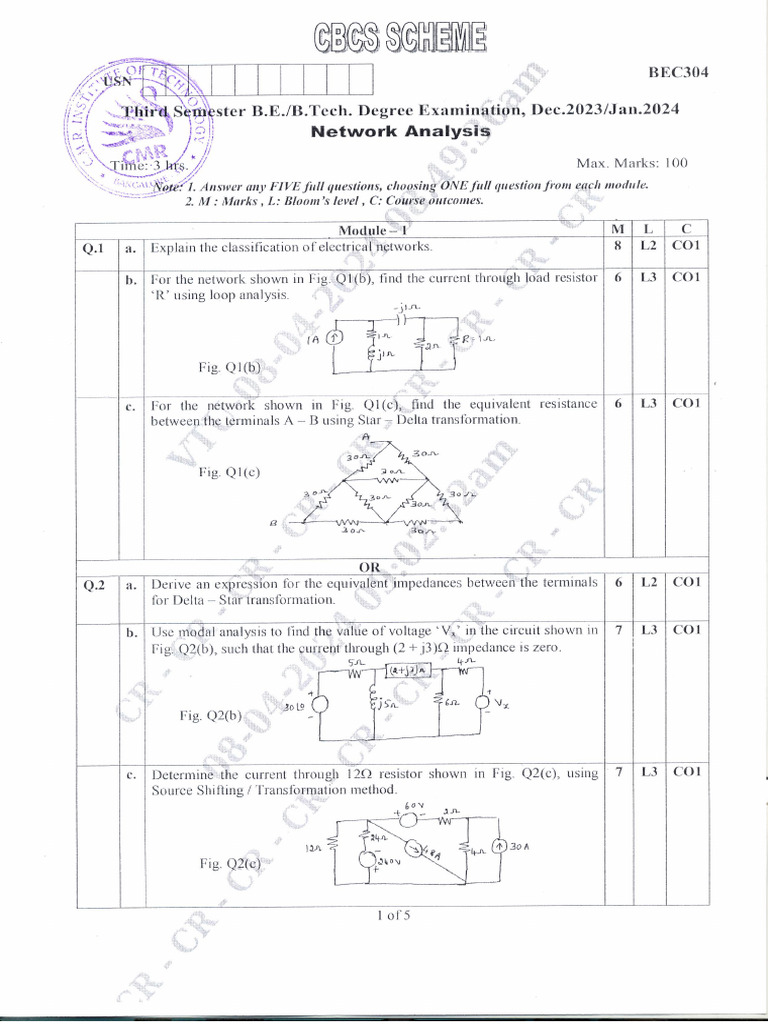VTU Question Paper of BEC304 Network Analysis Jan-Fab-2024 | PDF
