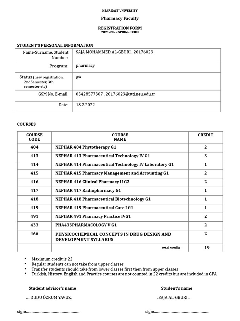 Pharmacy Course Registration Form 5 SAJA G 2 | PDF | Pharmacy | Medicine
