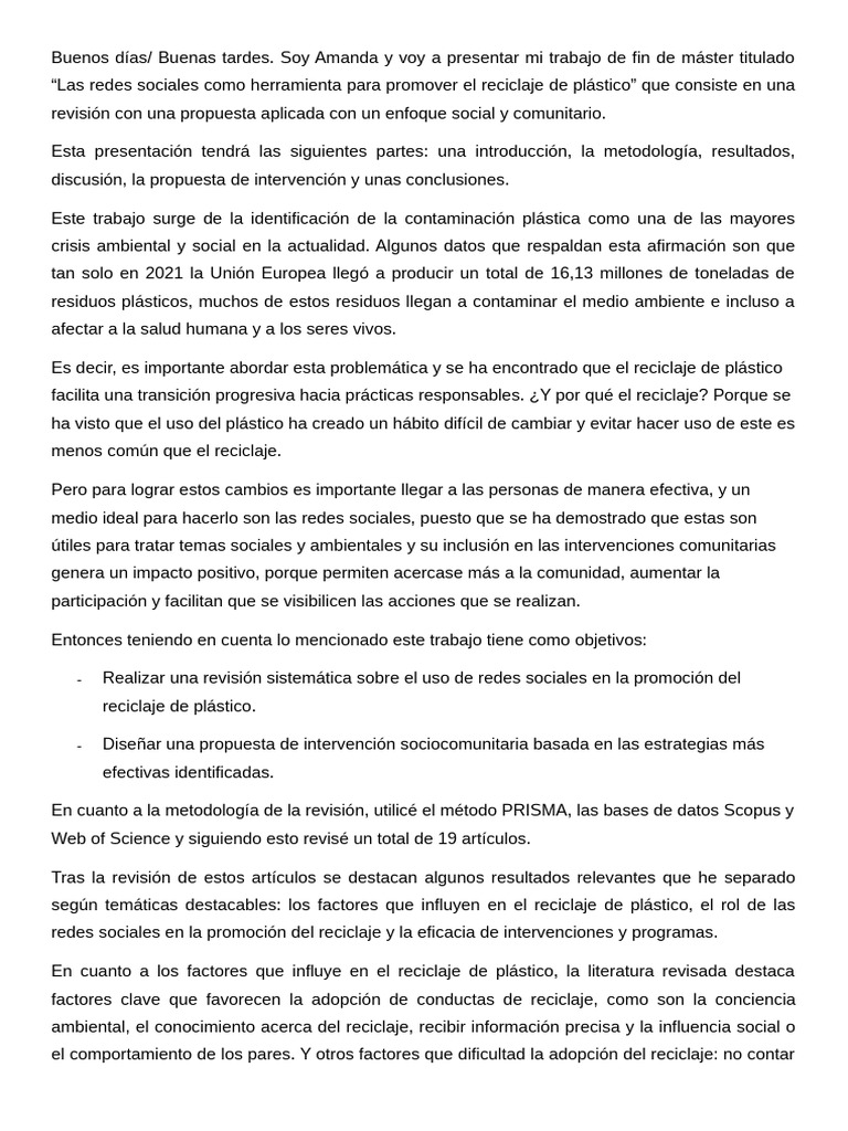 Guion Presentacion TFM | PDF | Reciclaje | El plastico