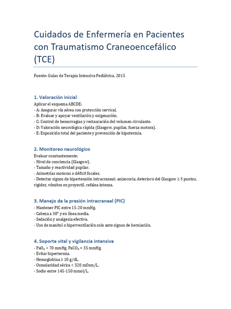 Cuidados Enfermeria TCE | PDF | Enfermedades y trastornos humanos | Medicina