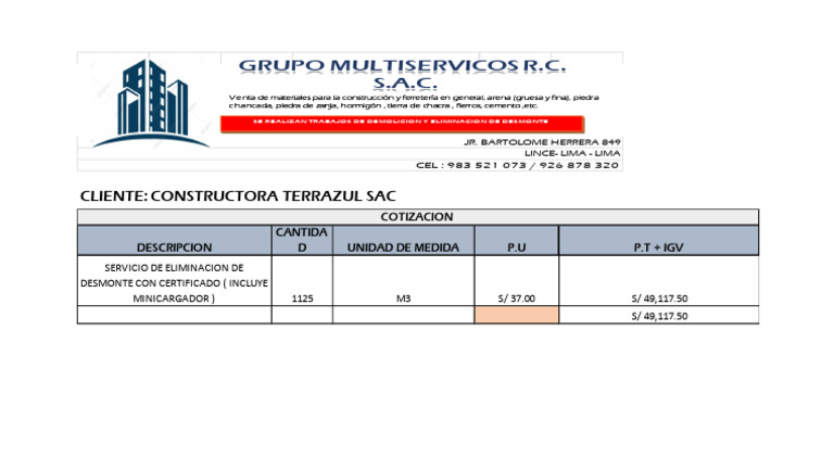 Cotizacion Eliminacion de Desmonte Con Certificado (Constructora ...