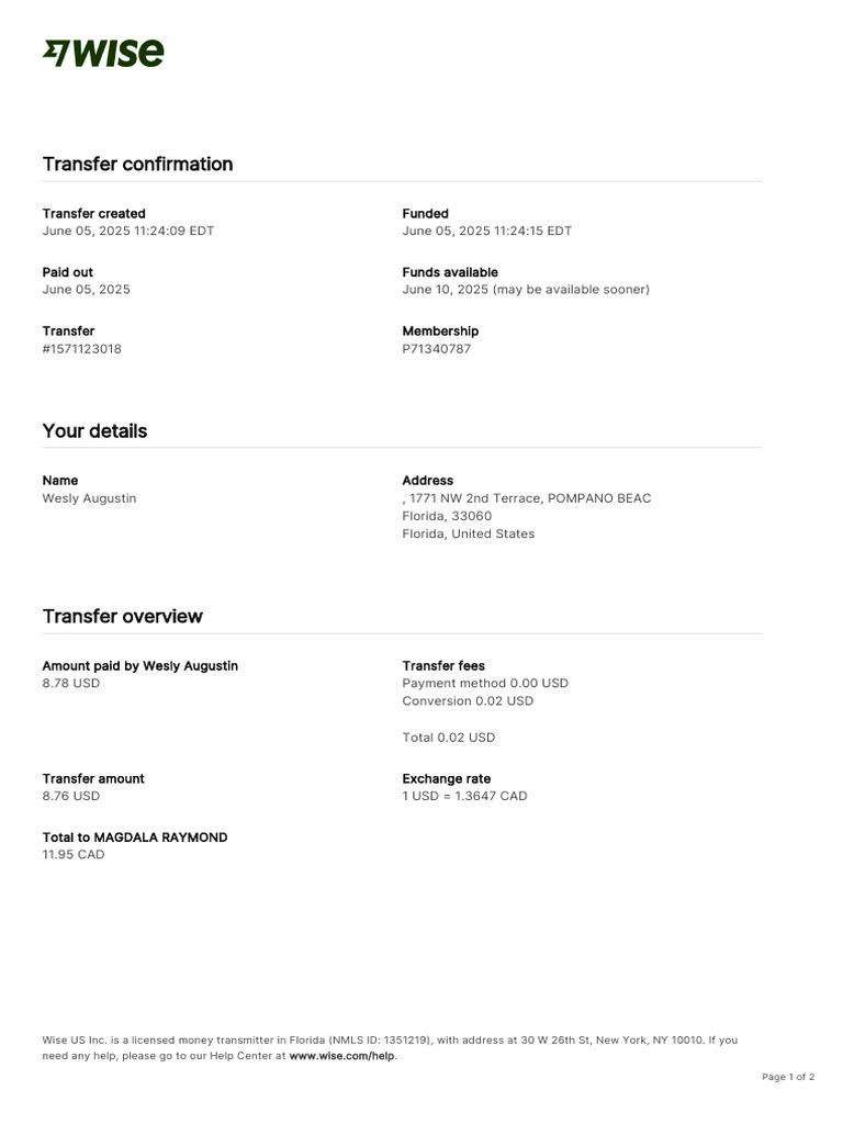 Wise Transfer Confirmation Transfer 1571123018 5572404466 FR | PDF ...