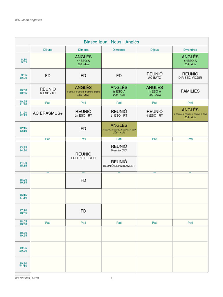 Horarios y Reuniones IES Josep Segrelles | PDF