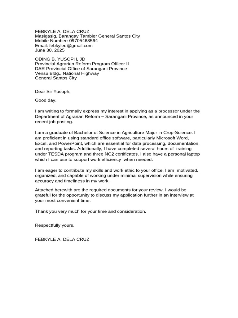 Application Letter Template Processor DAR | PDF