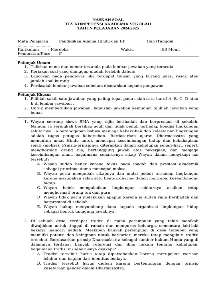 Soal TKAS Pend - Agama Hindu 2025 | PDF