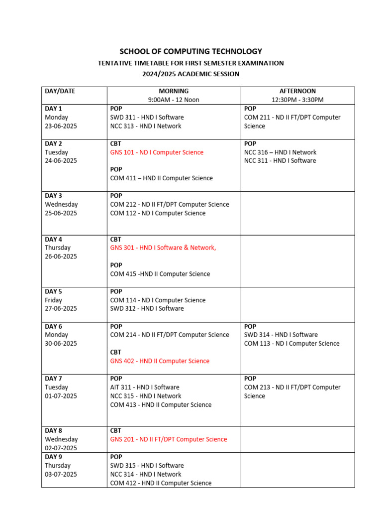 TIMETABLE SCT - 2024-25-FIRST SEMESTER-Tentative | PDF | Educational Stages