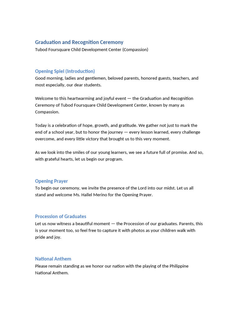 Graduation Emcee Script Tubod Foursquare | PDF