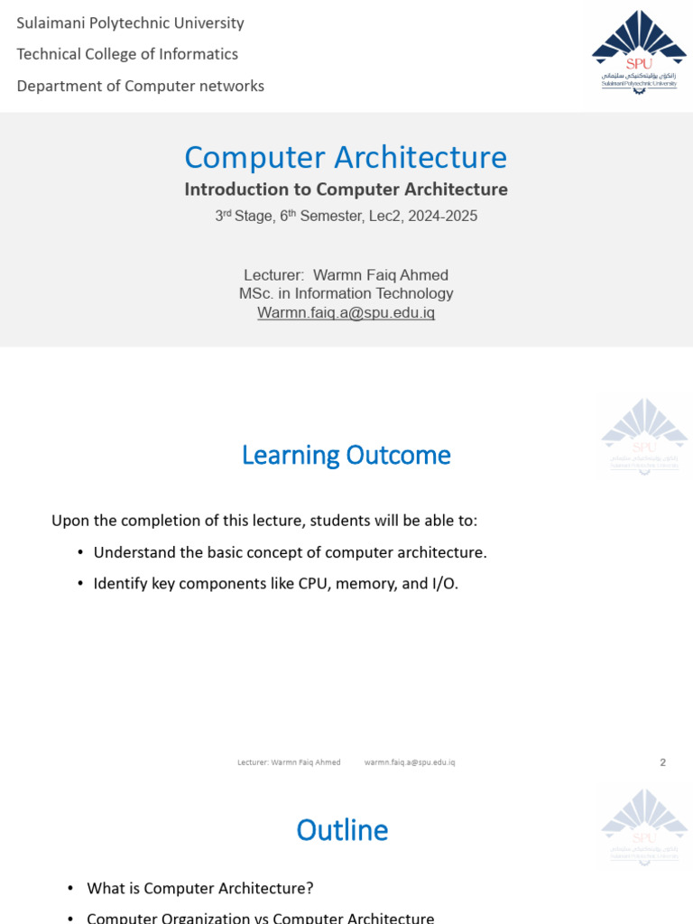 CA-Lec2-Introduction To Computer Architecture | PDF | Central Processing Unit | Computer Hardware