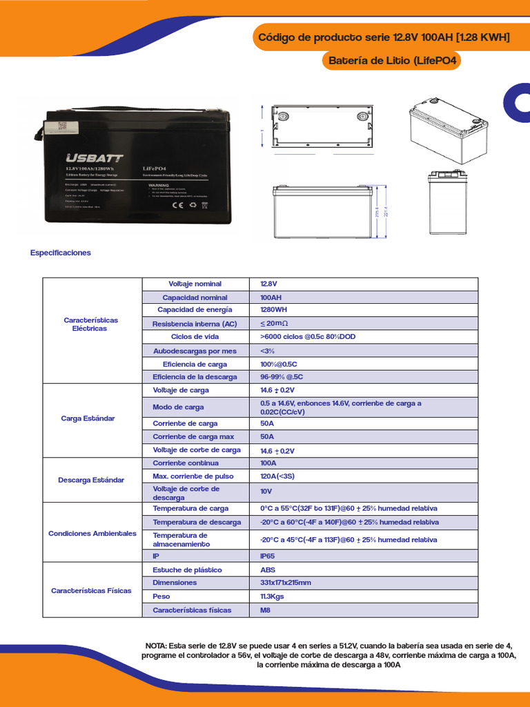 Ficha Tecnica Bateria Litio 12 V 100 Amp | PDF | Electricidad | Ingenieria Eléctrica