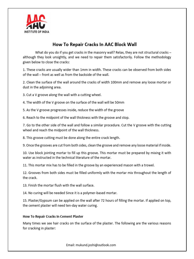 Repairing Cracks in AAC Block Walls | PDF | Plaster | Mortar (Masonry)