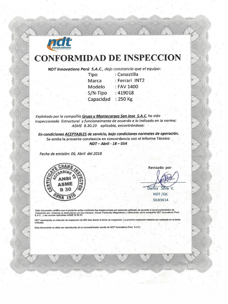 Certificado de Operatividad NDT SJ-601 419018 | PDF