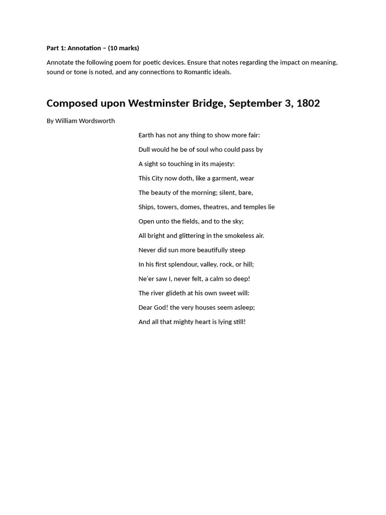Analysis of "Westminster Bridge" Poem | PDF